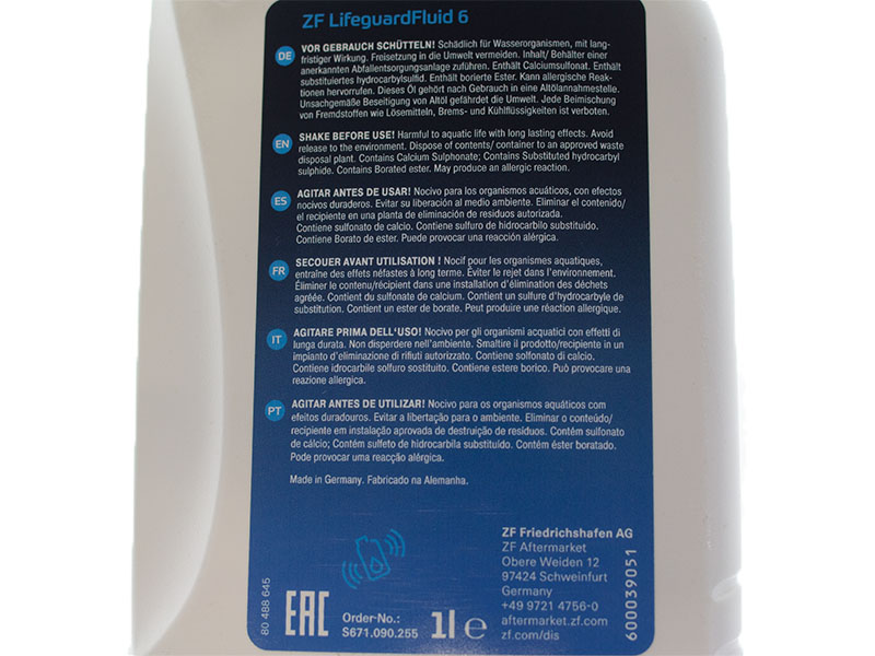 ZF 83220142516, S671090255 ATF, Automatic Transmission Fluid; LifeGuard ...