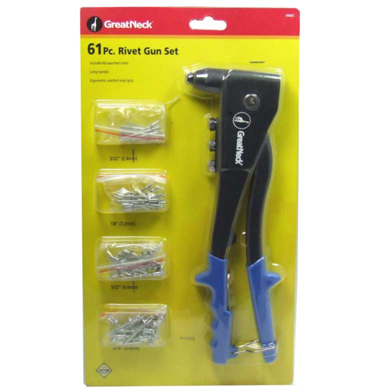 GreatNeck Tools HR60C Hand Rivet Gun; Heavy Duty Kit with Assorted Rivets