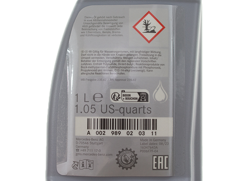 Genuine Mercedes 002989020309, A002989020309 Differential Oil; Rear ...